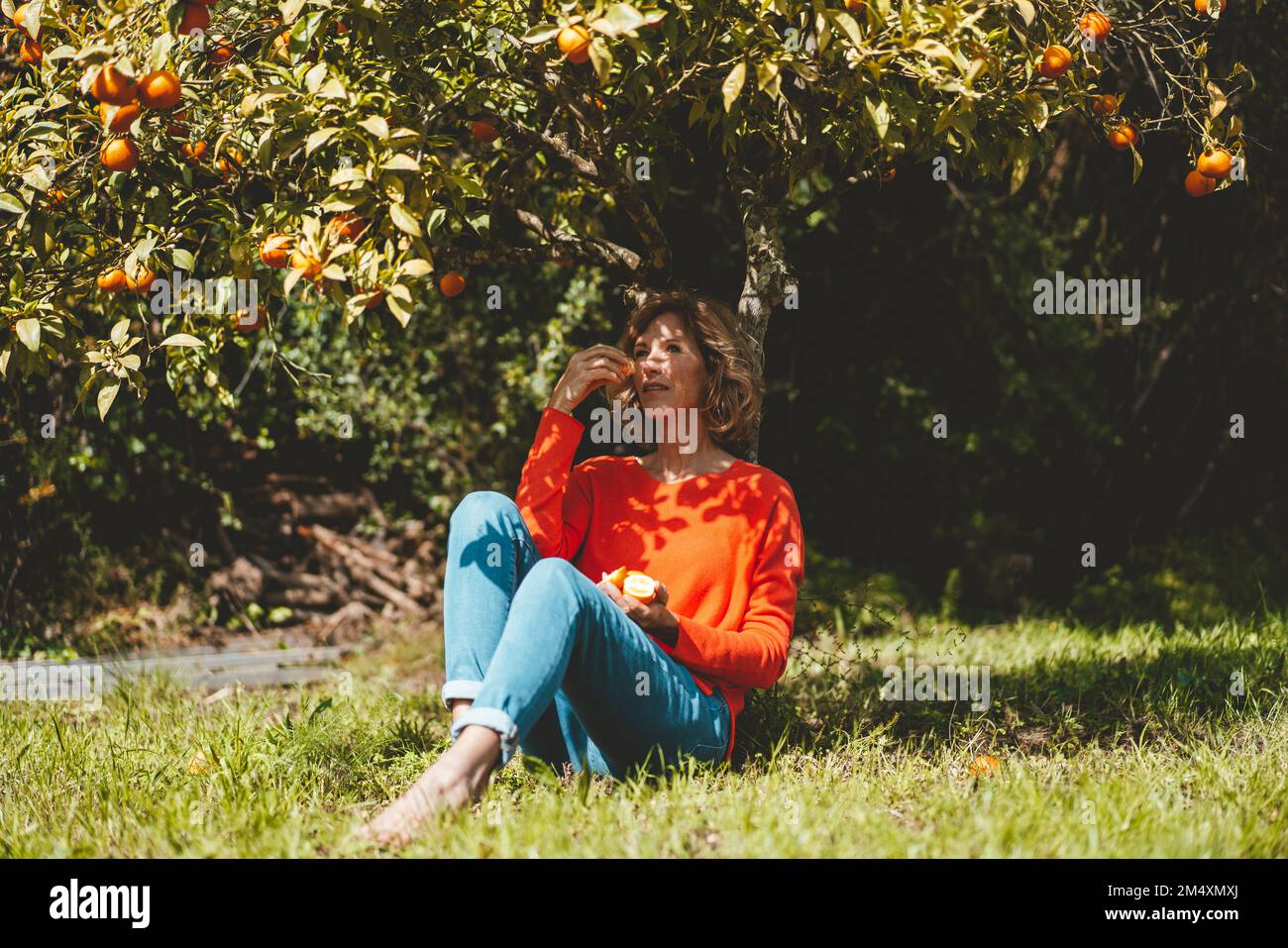 Thoughtful woman eating orange fruit sitting under tree Stock Photo - Alamy