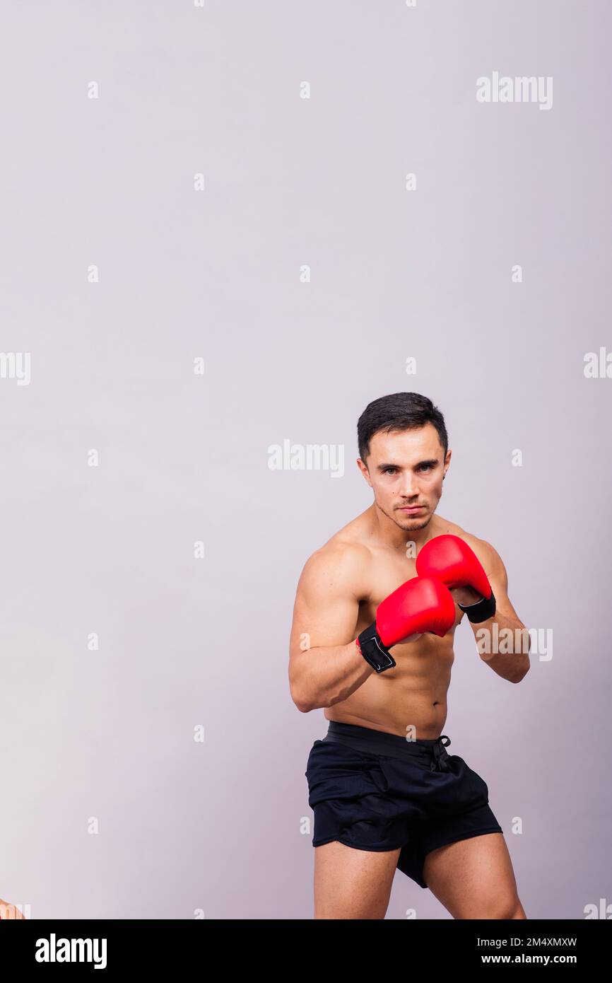 Muscular model sports young man in boxing gloves on grey background ...