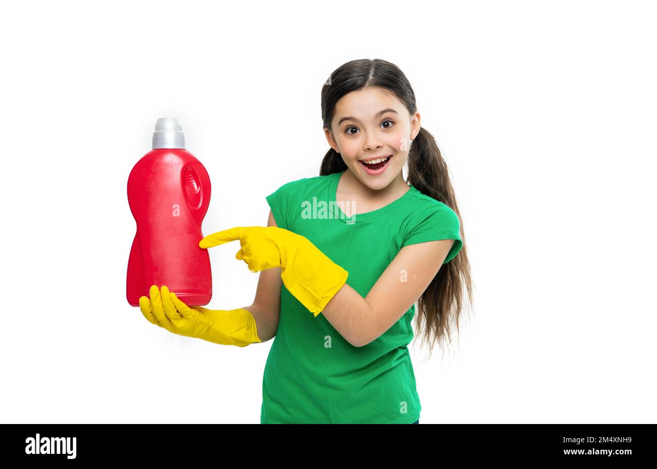 girl cleaner with detergent in studio, pointing. girl cleaner with ...