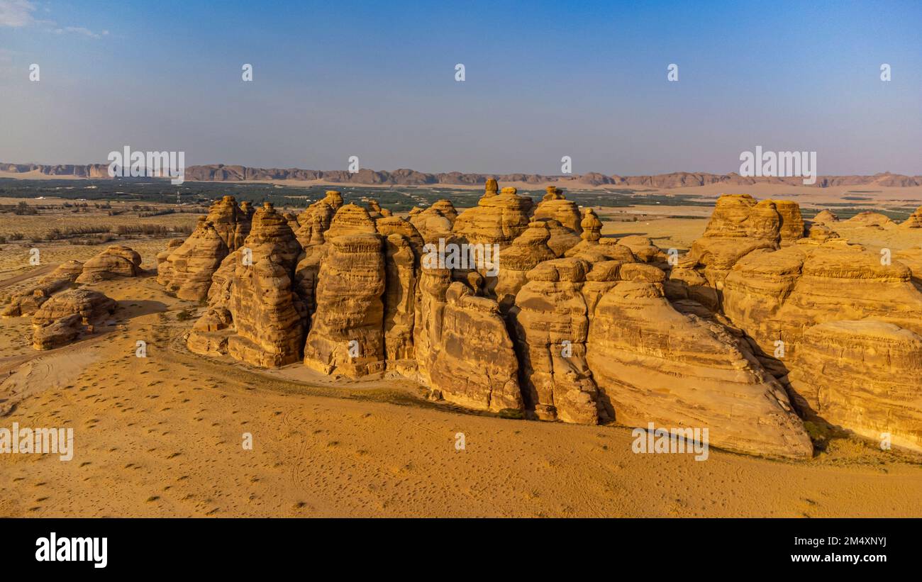 Saudi Arabia, Medina Province, Al Ula, Aerial view of eroded rock ...