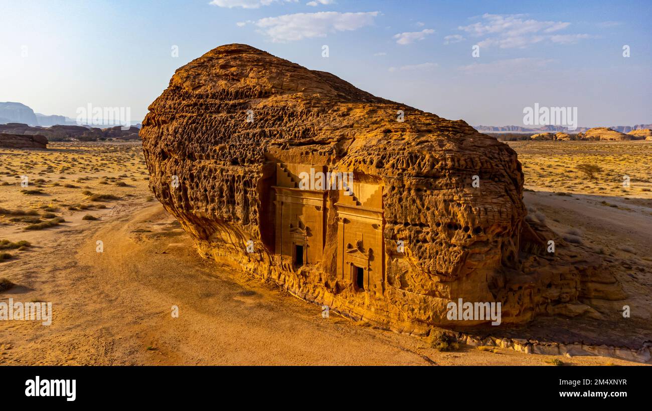 Saudi Arabia, Medina Province, Al Ula, Aerial view of ancient tomb in ...