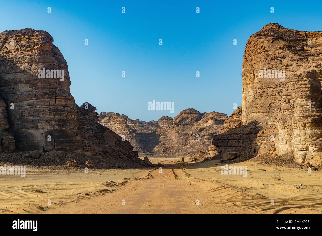 Saudi Arabia, Medina Province, Al Ula, Desert road stretching between ...