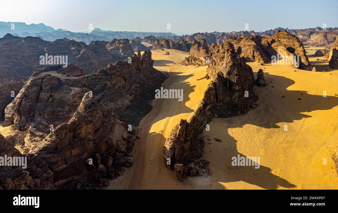 Saudi Arabia, Medina Province, Al Ula, Aerial view of sandstone canyon ...