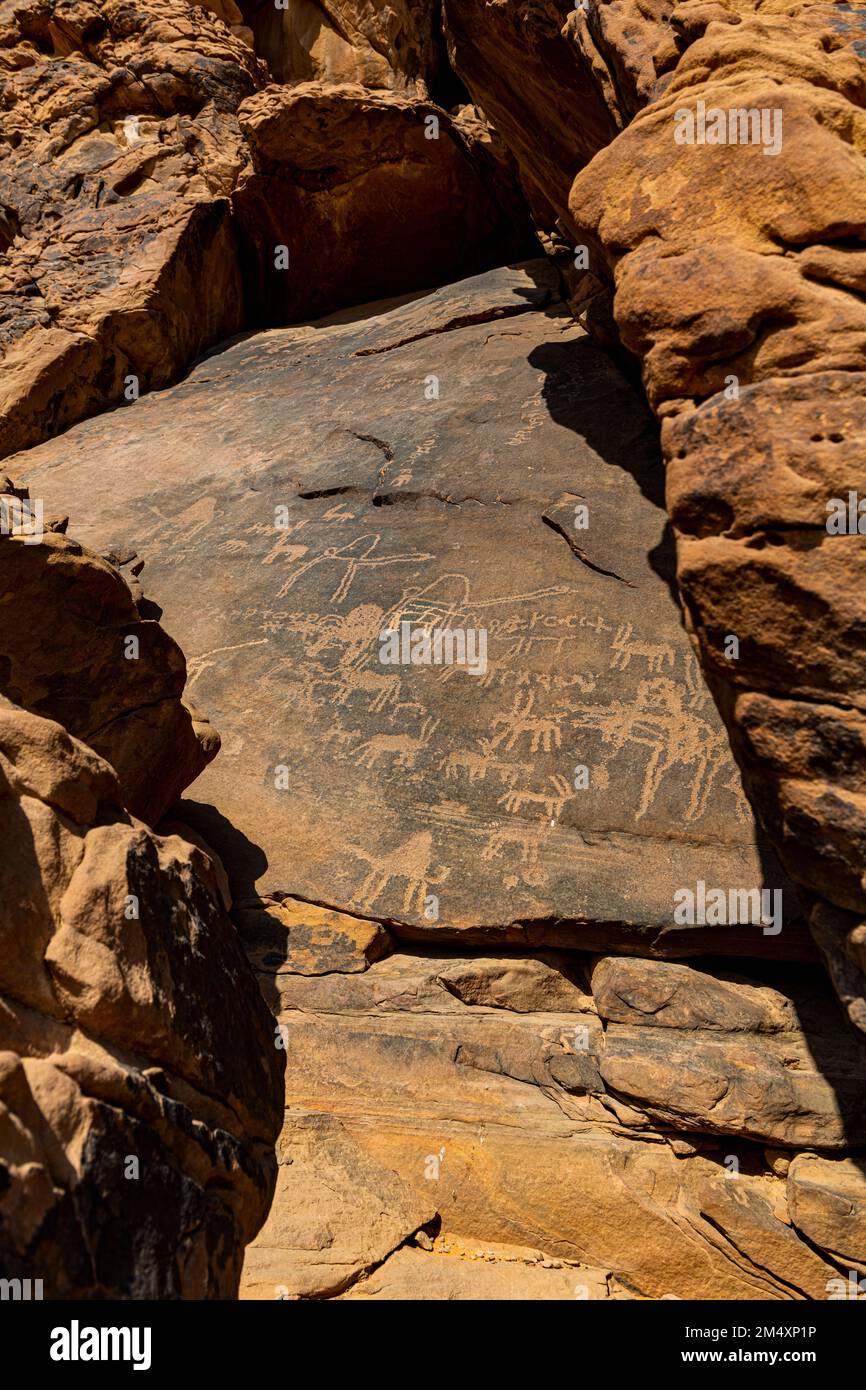 Saudi Arabia, Hail Province, Jubbah, Ancient petroglyphs of Jebel Umm ...