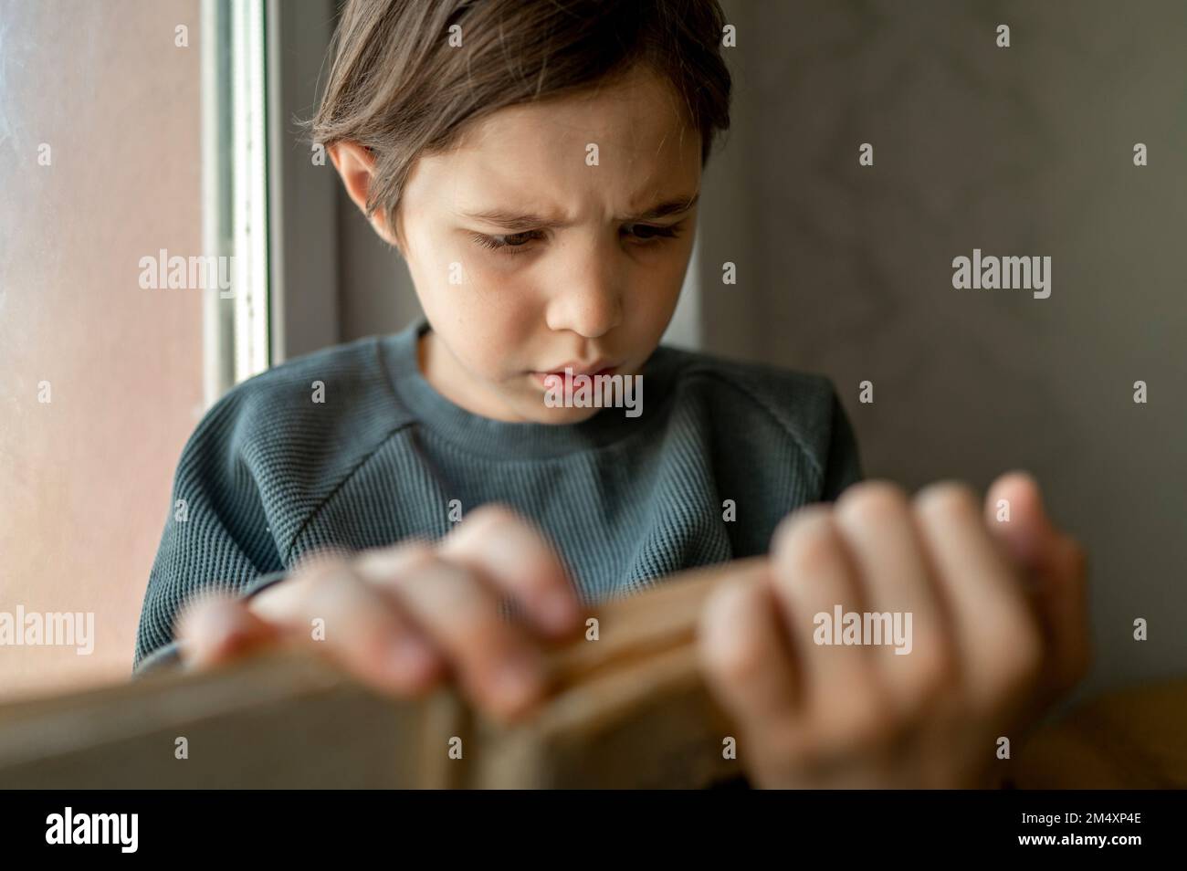 Boy reading book by window at home Stock Photo - Alamy
