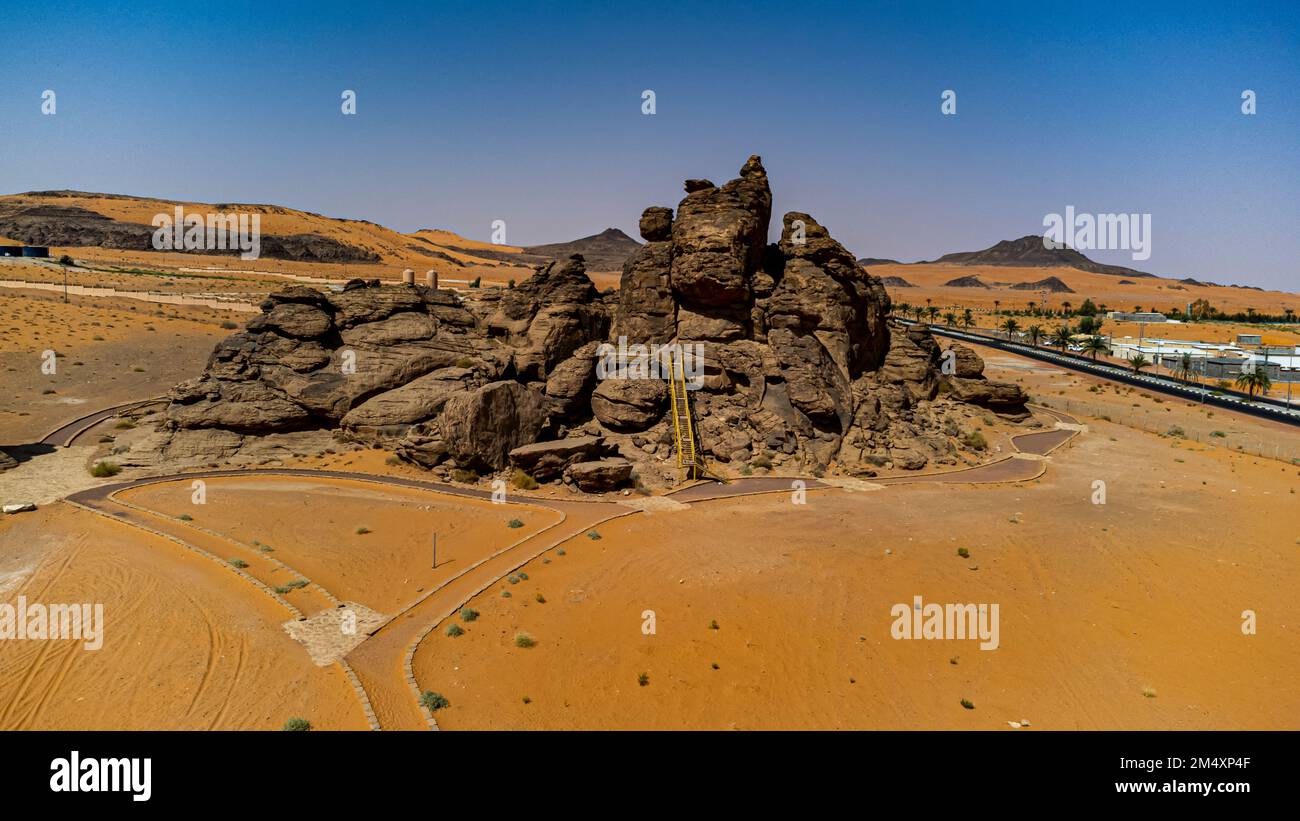 Saudi Arabia, Hail Province, Jubbah, Aerial view of sandstone outcrops ...