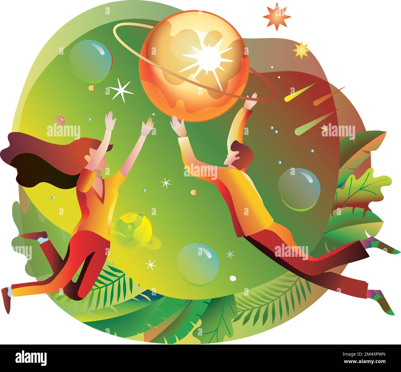Man and woman flying in the space with planet Stock Vector Image & Art ...
