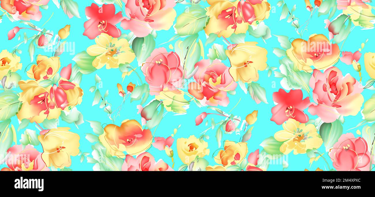 Pink and Yellow Flower with cyan background seamless pattern for ...