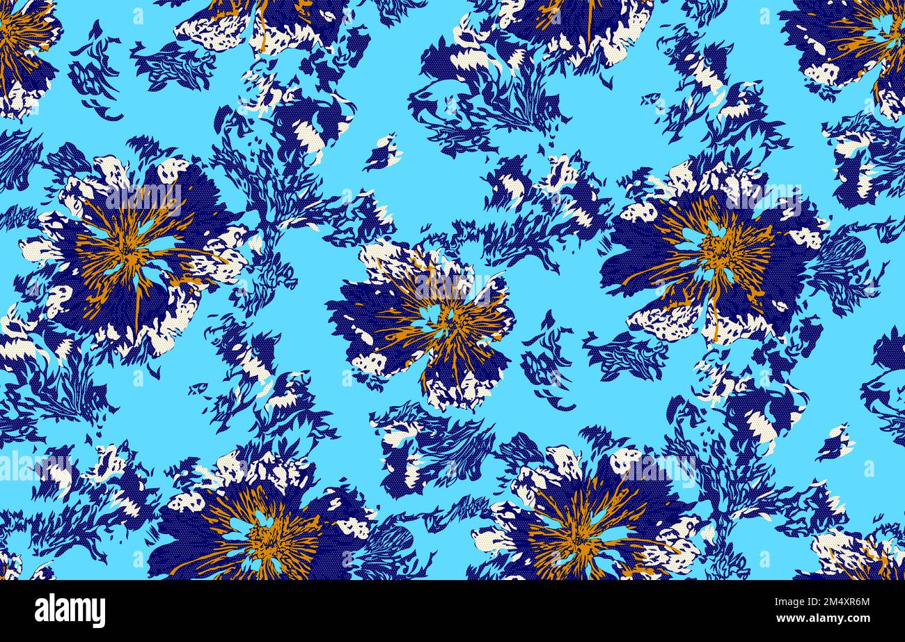 Blue Abstract flower with Cyan Background seamless pattern for textile ...