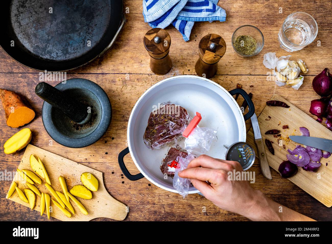 Description: Preparation of raw beef tenderloin steak for sous vide ...