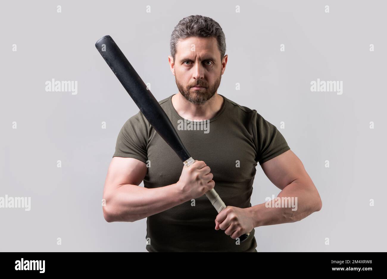 angry hooligan man with bat isolated on grey background. hooligan man ...