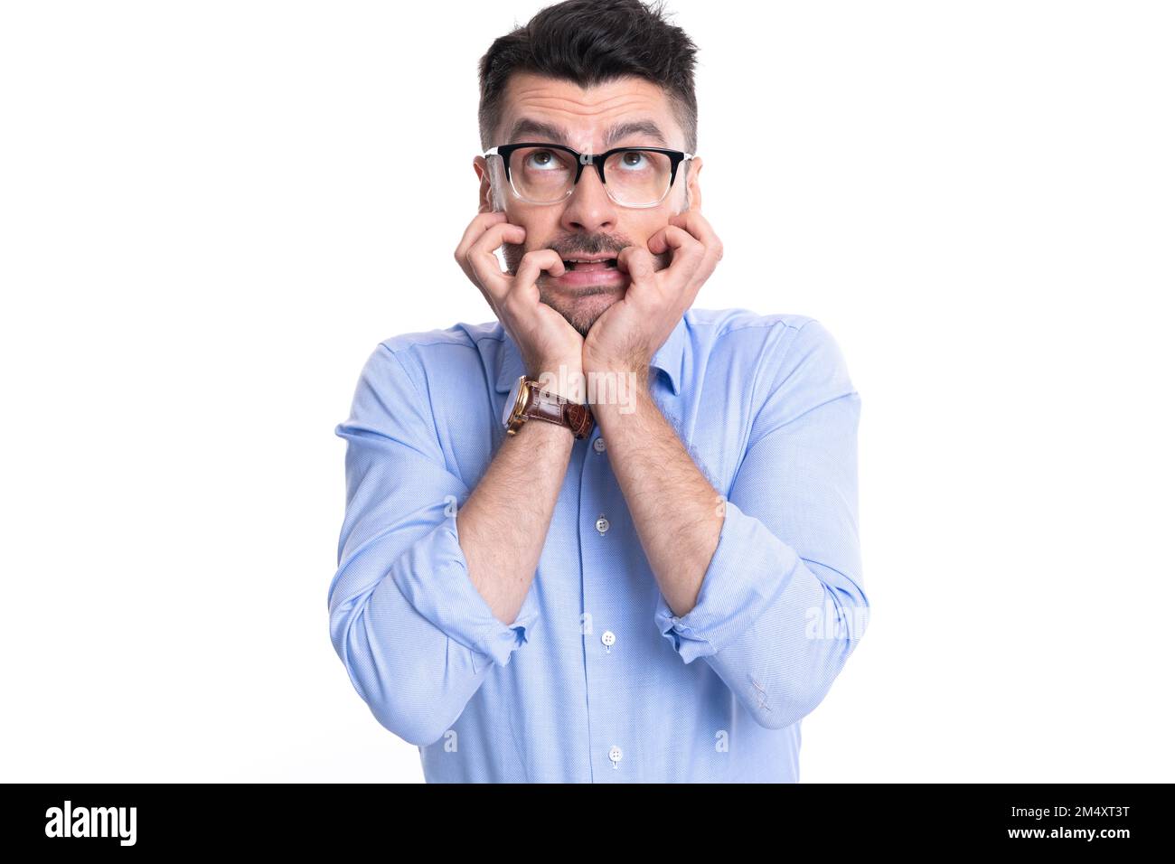 scared man in panic frightened in studio. scared man in panic feel fear ...