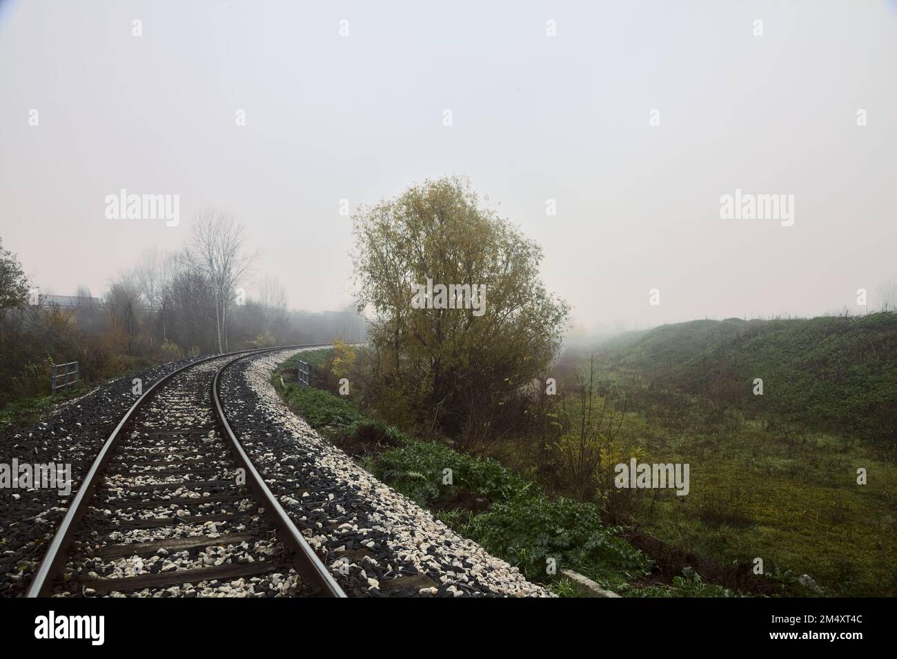 Railroad track on an embankment next to trees on a foggy day in autumn ...