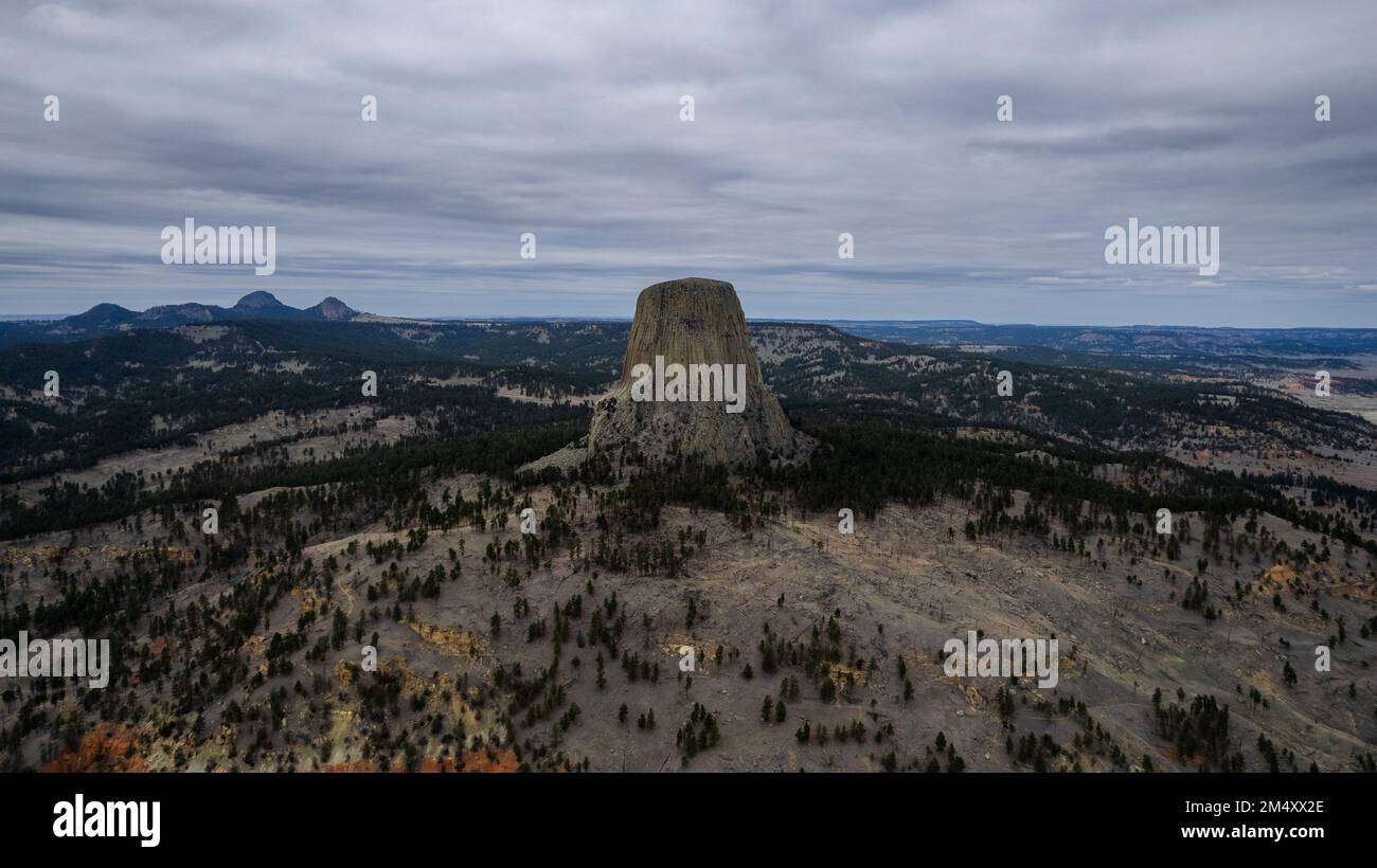 An aerial view of the Devil's Tower in Wyoming in the US State Stock ...