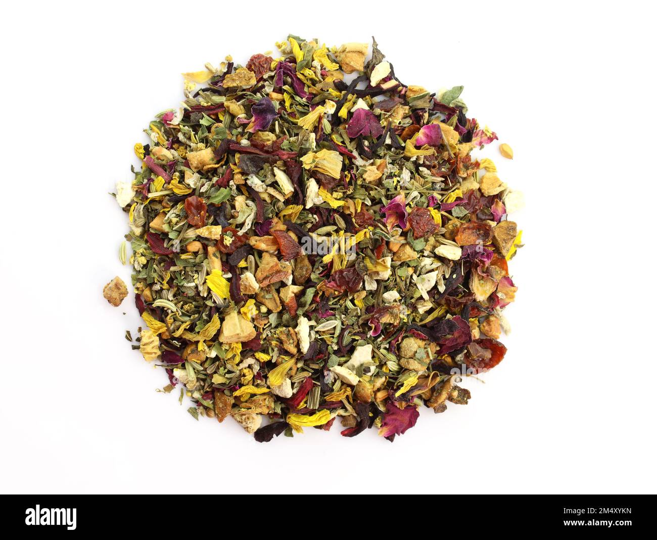 Fruit tea with rose petals and dried fruits top view. Tea with citruses ...