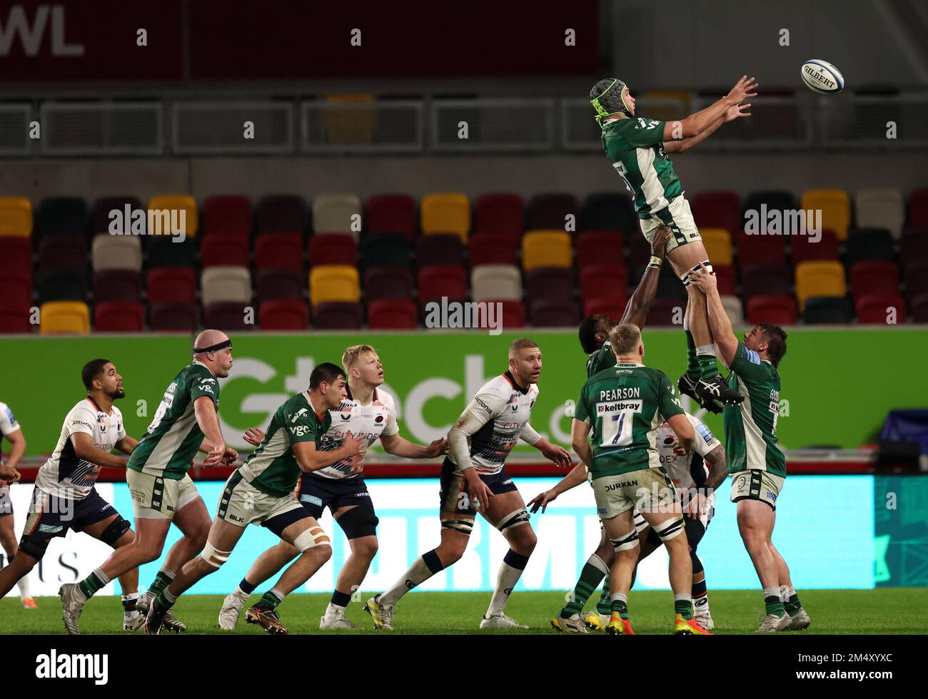 London Irish's Rob Simmons competes in a line-out during the Gallagher ...