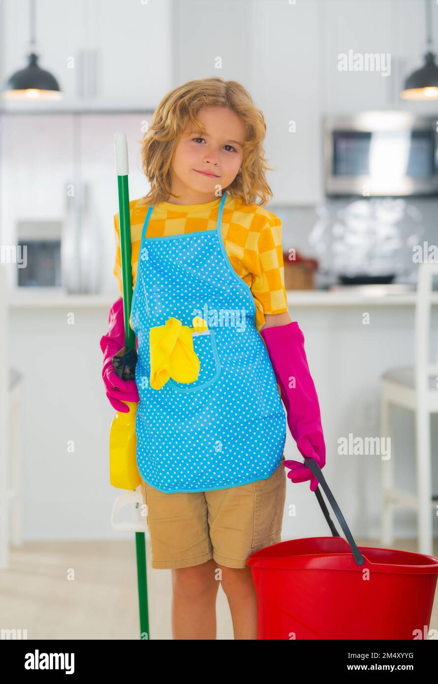 Cleaning at home. Children helping with housekeeping, cleaning the ...