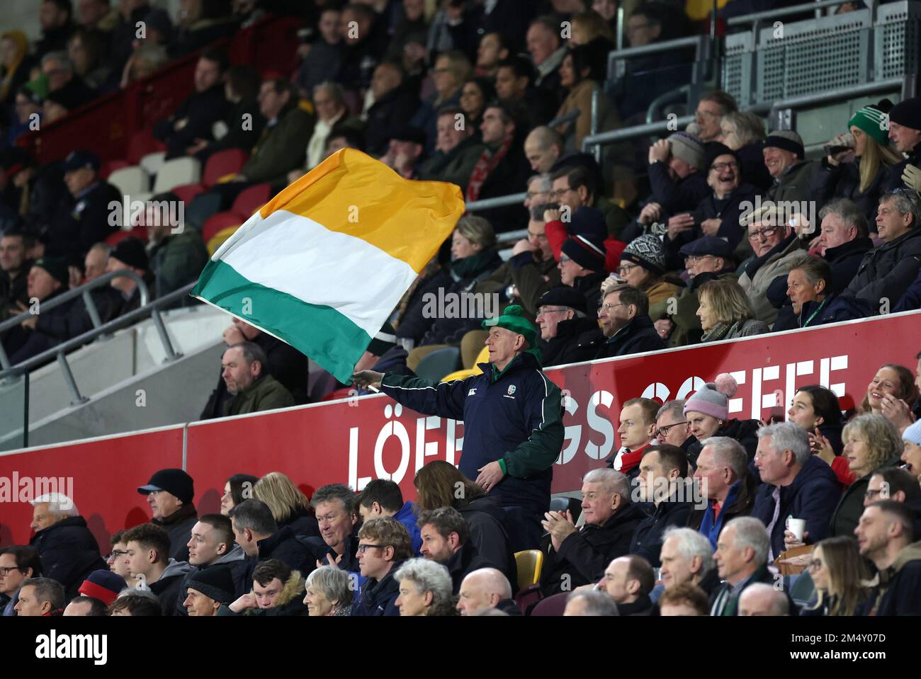 London Irish fans in the stands show their support during the Gallagher ...