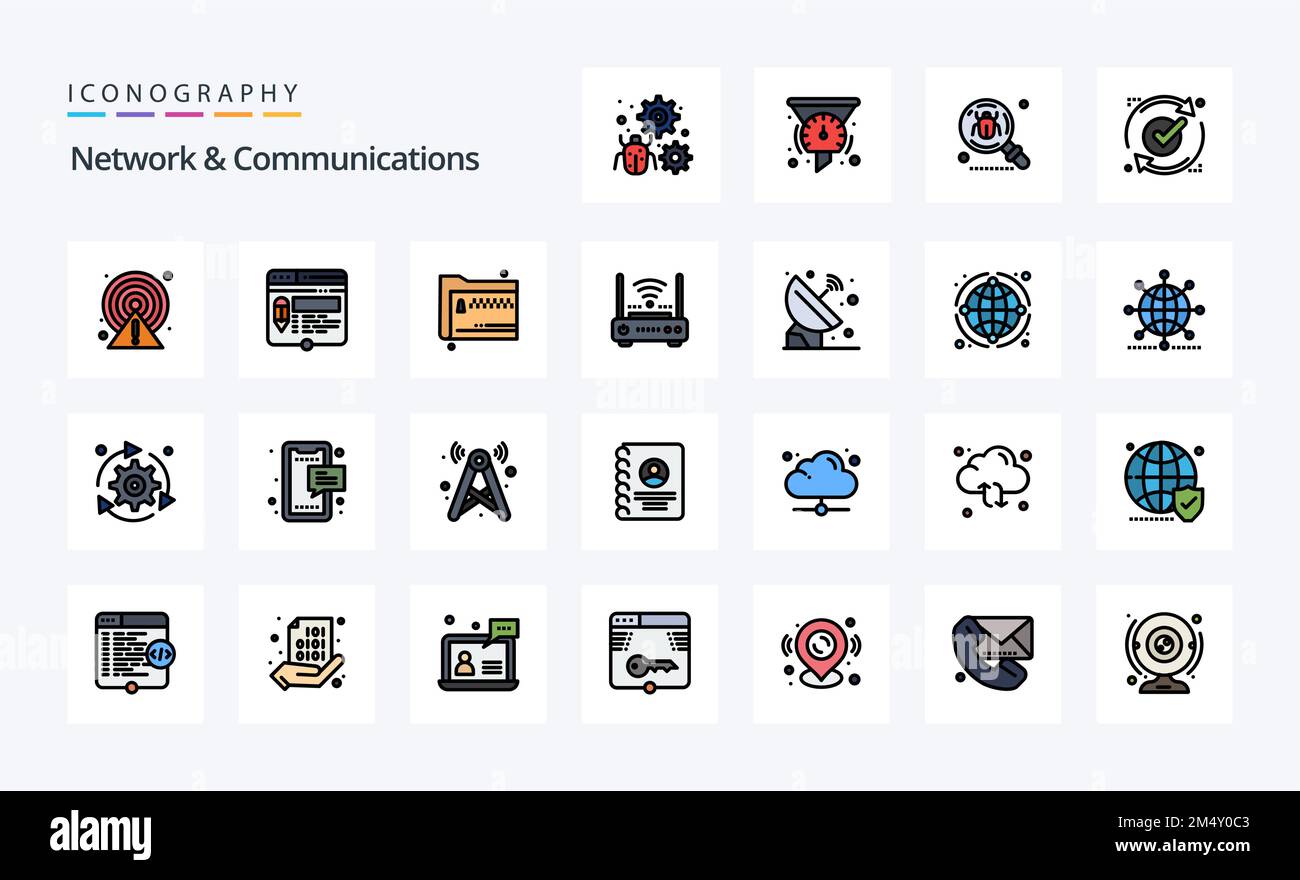 25 Network And Communications Line Filled Style icon pack Stock Vector ...