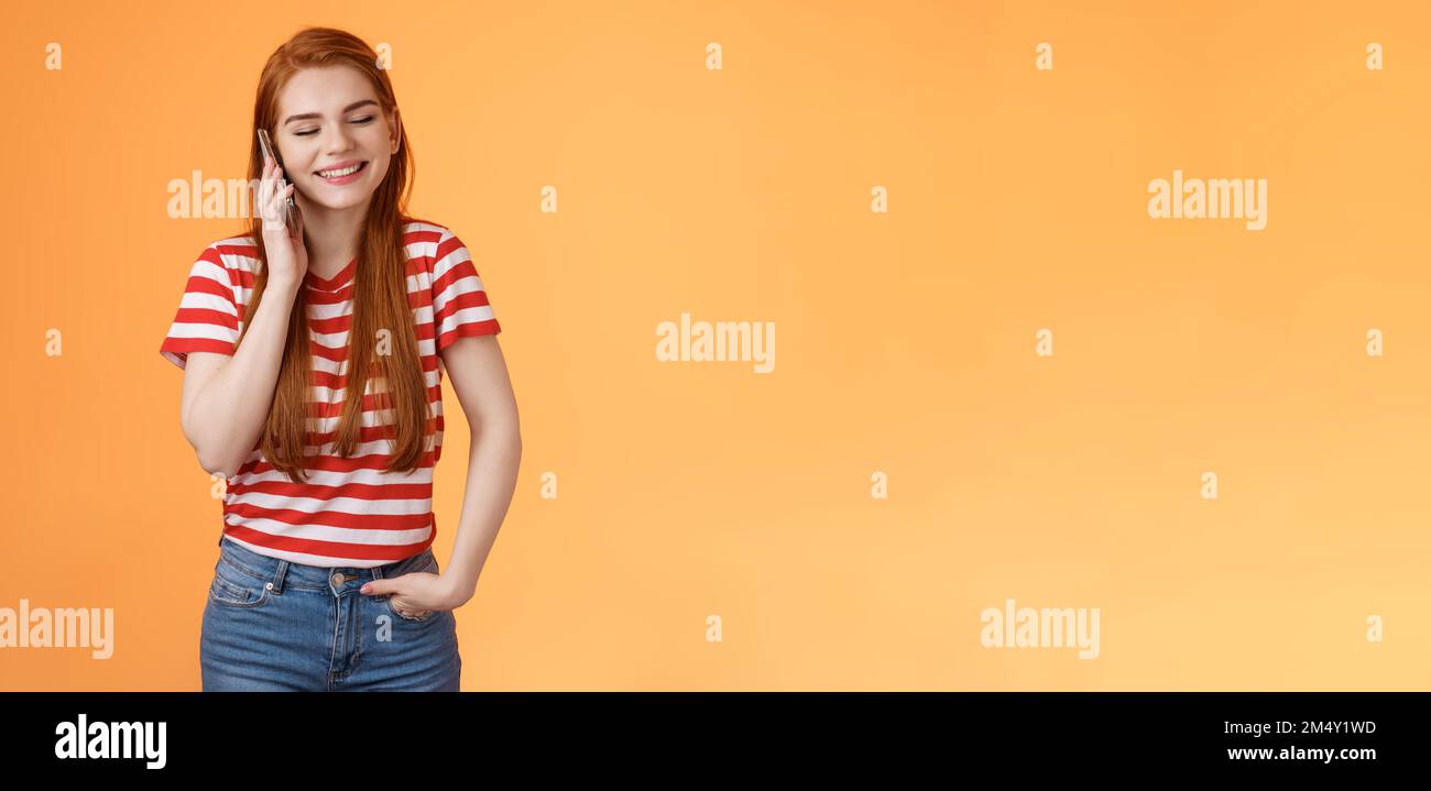 Friendly talkative good-looking redhead female chatting lively discuss ...