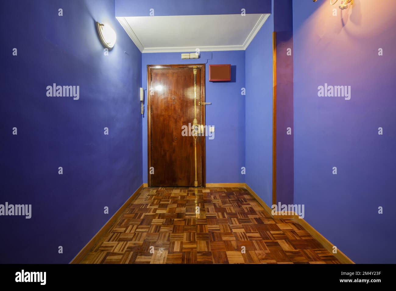 Entrance hall of a house with blue walls, a wooden access door and ...