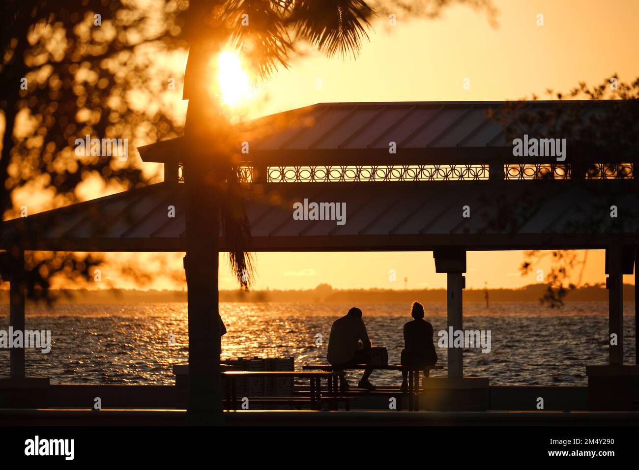 Dark silhouette of people resting under alcove roof on sea shore in ...