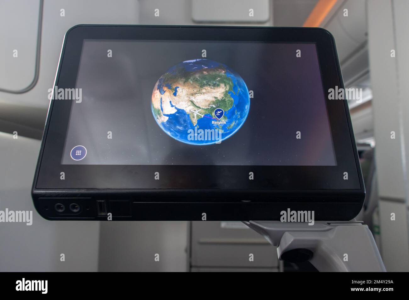 The globe on the display of the passenger monitor in the plane Stock ...