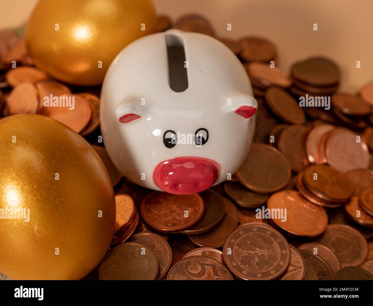 Golden eggs and piggy bank on money. Golden chicken eggs on euro ...