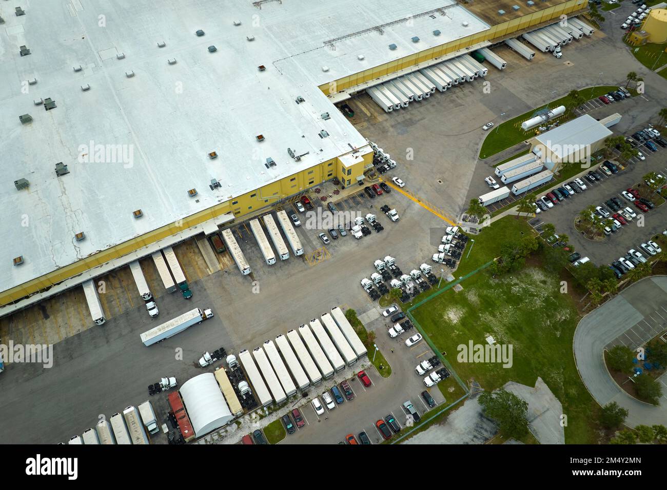 High angle view of big commercial shipping center with many freight ...