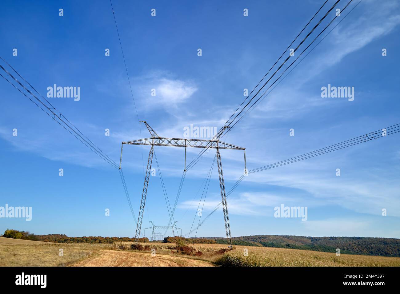Steel pillar with high voltage electric power lines delivering ...