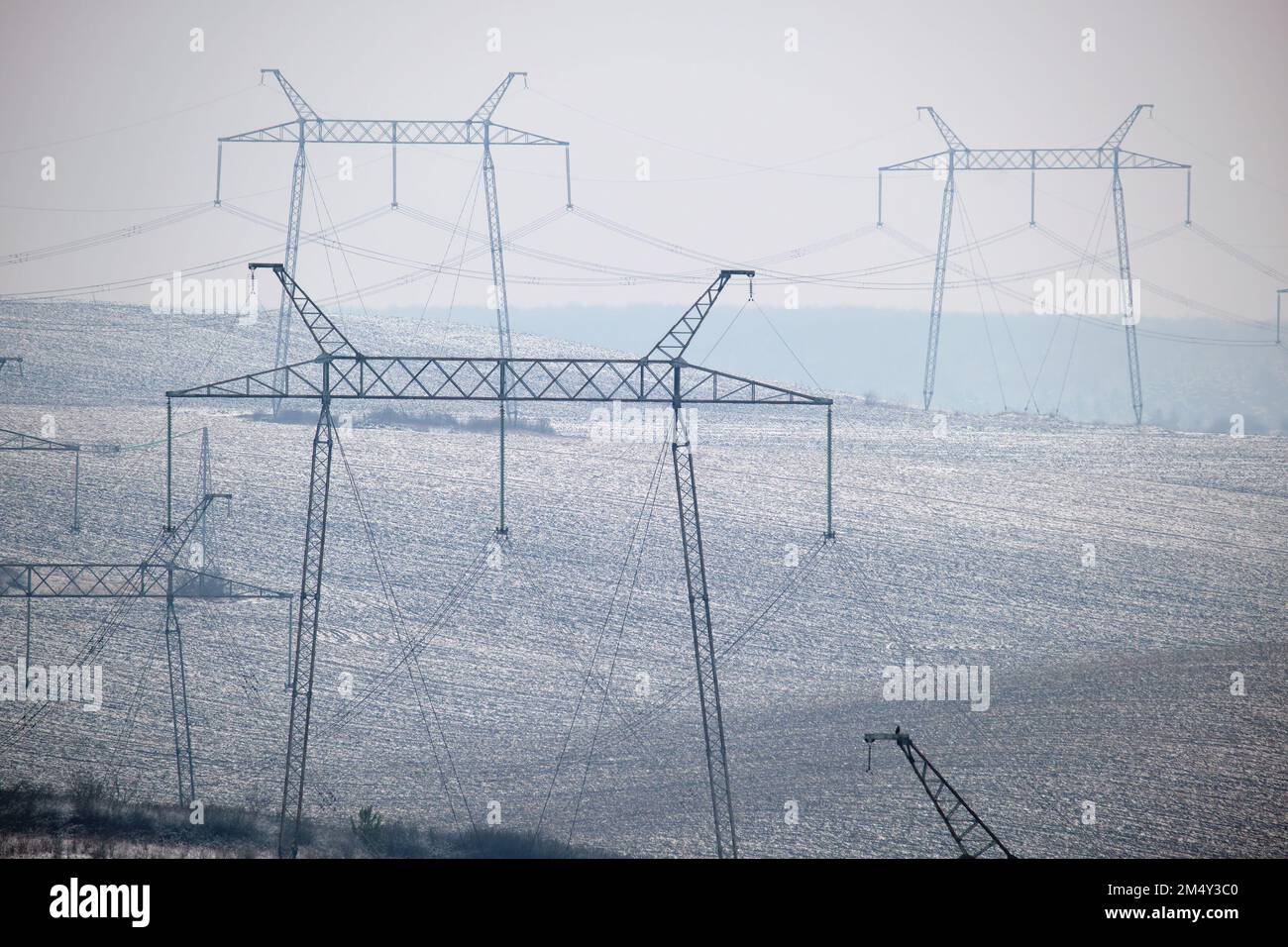 Steel pillar with high voltage electric power lines delivering ...