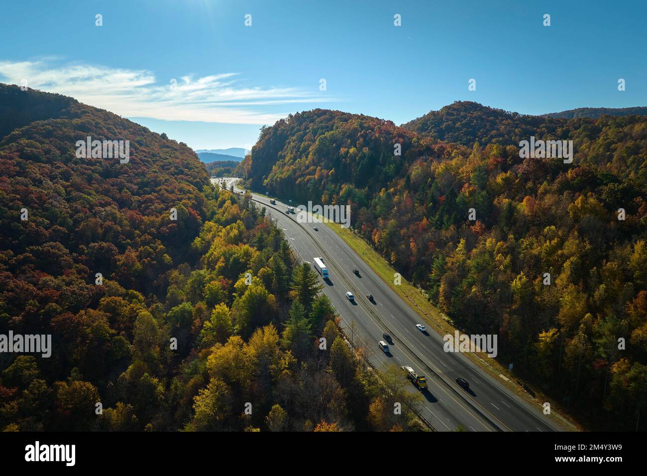 View from above of I-40 freeway in North Carolina heading to Asheville ...