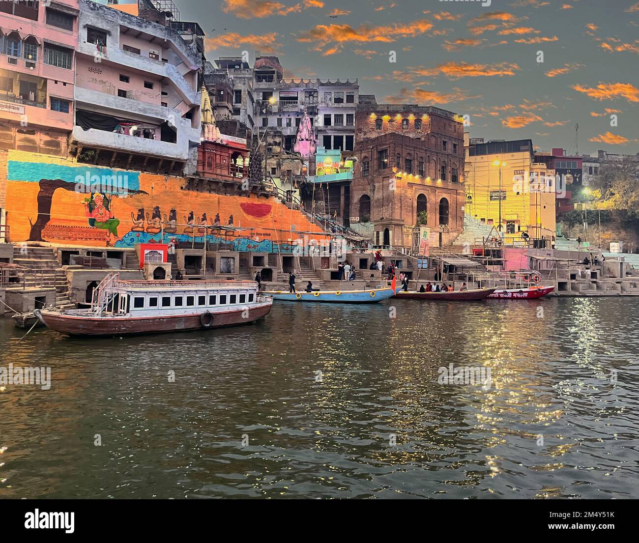 Ganga River Ghats with boats and old structures of Varanasi wh one of ...