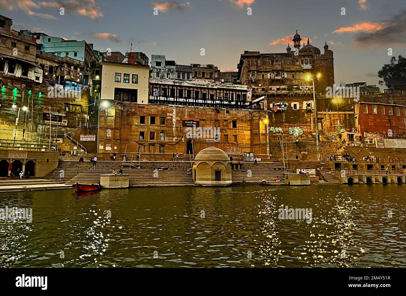 Ganga River Ghats with boats and old structures of Varanasi wh one of ...
