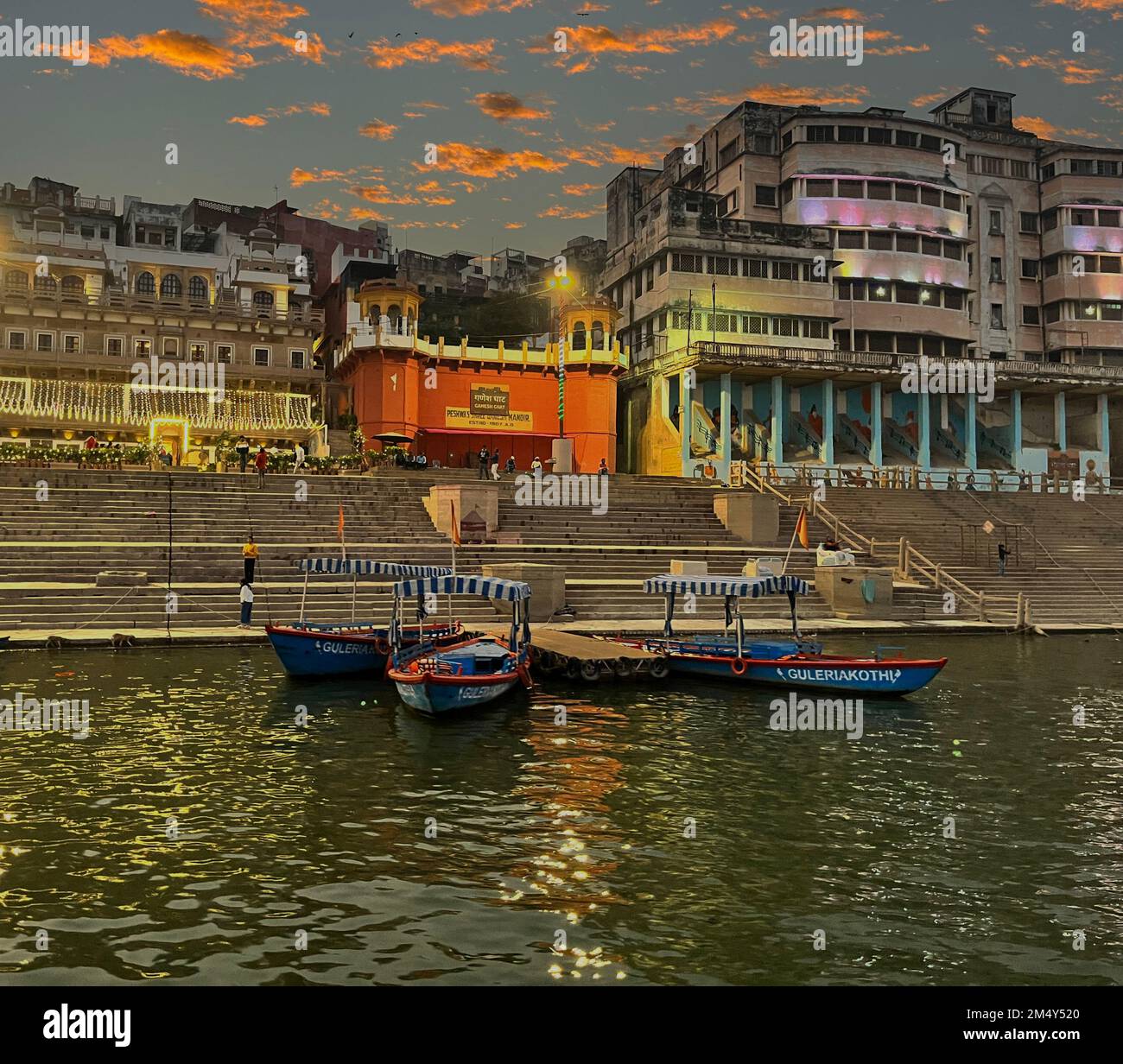 Ganga River Ghats with boats and old structures of Varanasi wh one of ...