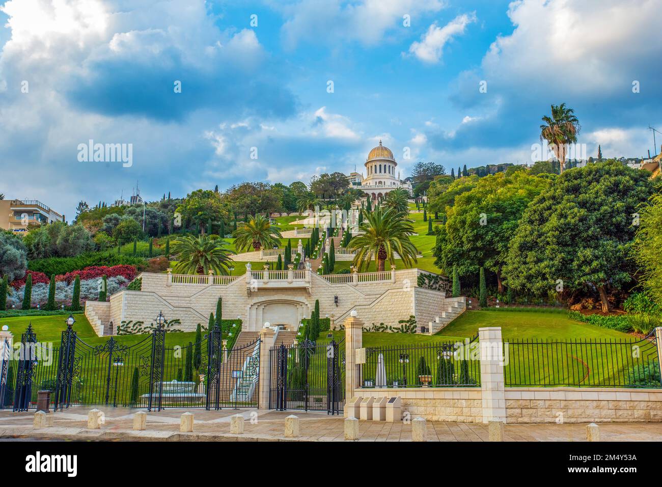 Amazing nature in Bahai gardens in Haifa and Bab dome of Bahai temple ...