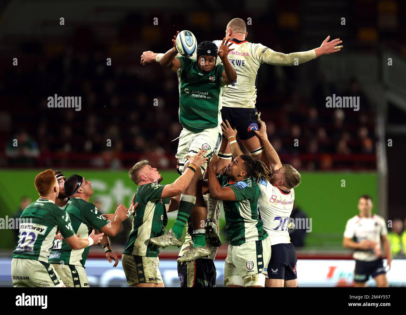 London Irish's Chunya Munga competes in a line-out during the Gallagher ...