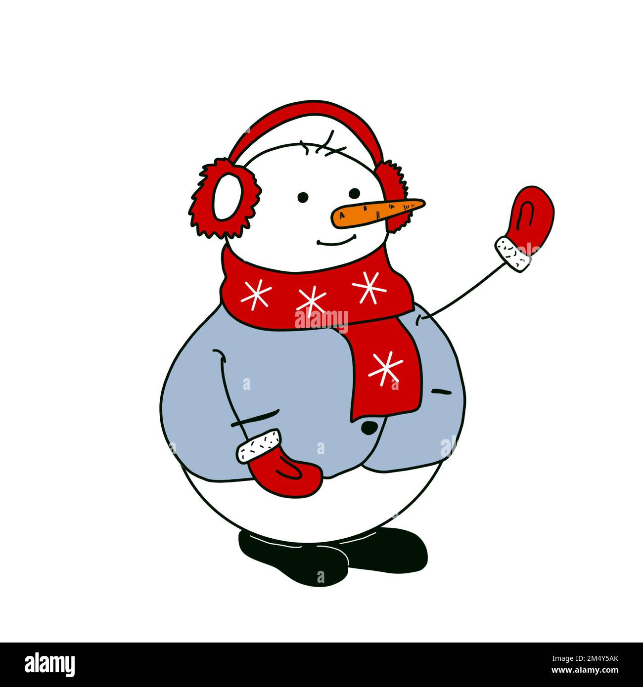 Snowman with hat and scarf isolated on white background. Hand drawing ...