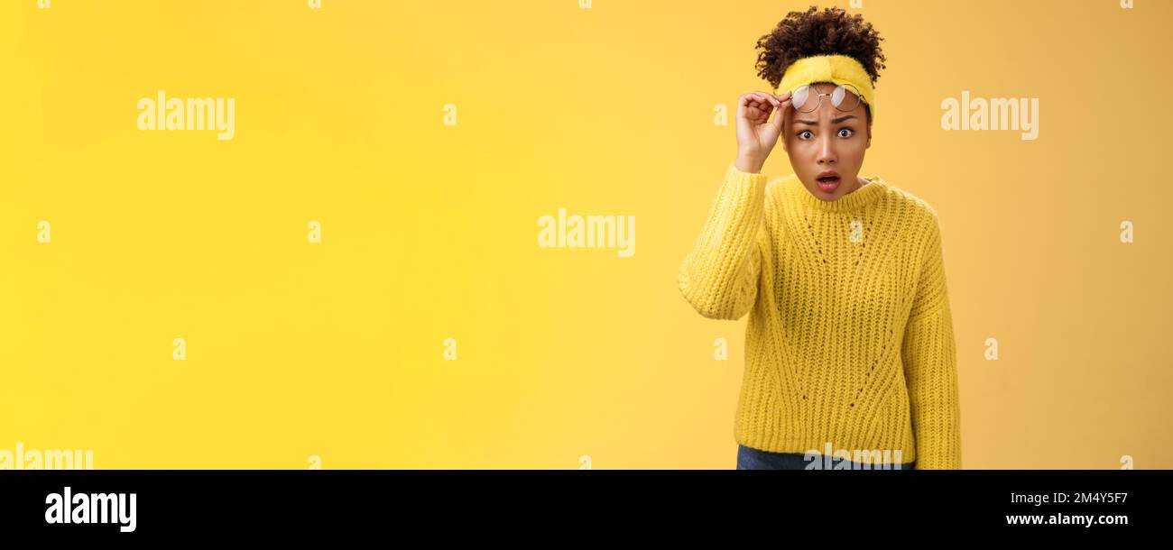 Concerned amazed speechless african-american student girl drop jaw take ...