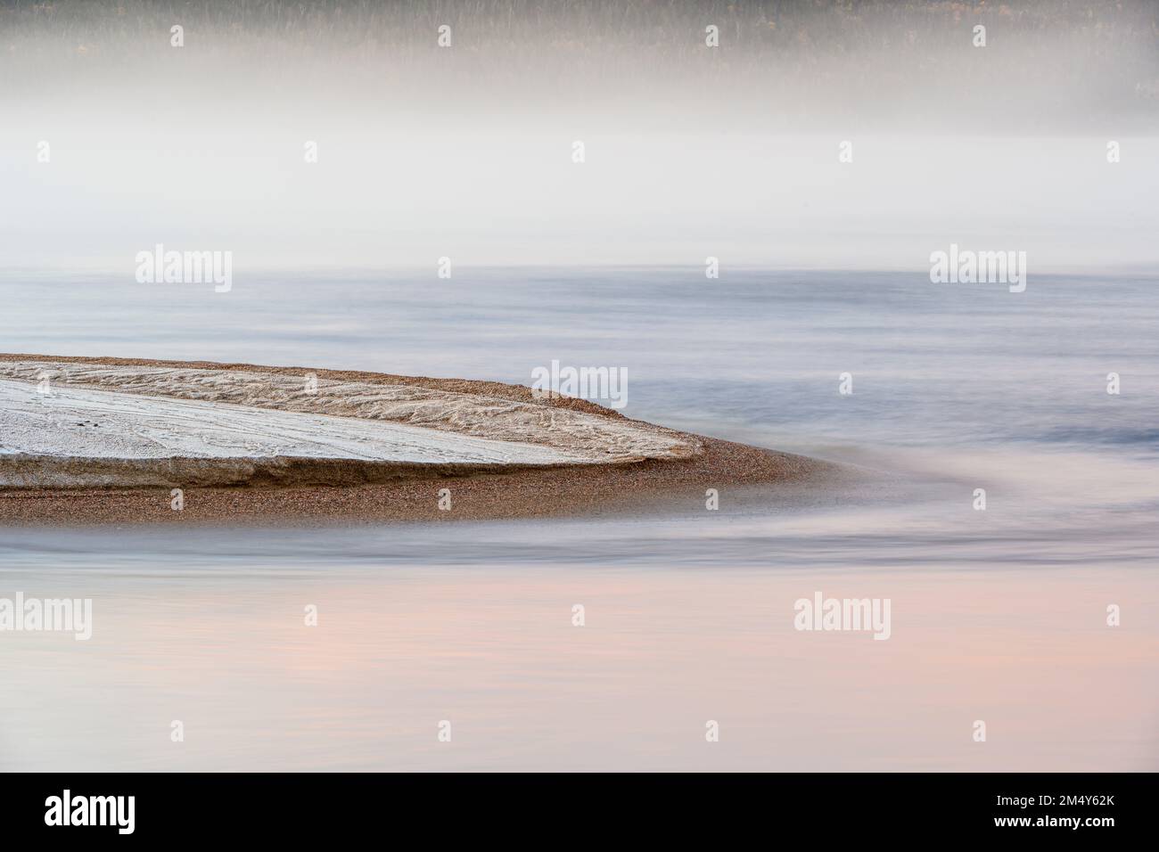Morning fog, a sandbar at the mouth of Michipicoten River and Lake ...