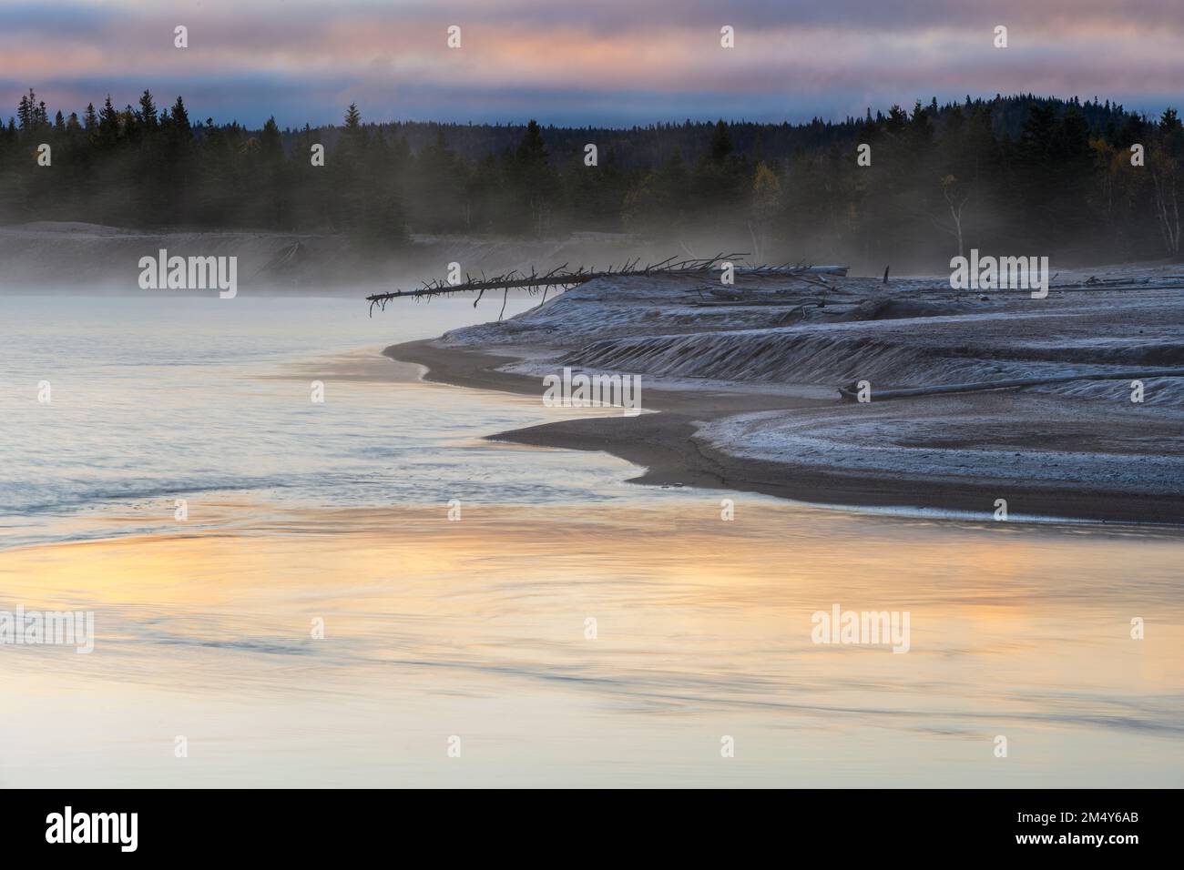 Morning fog, a sandbar at the mouth of Michipicoten River and Lake ...