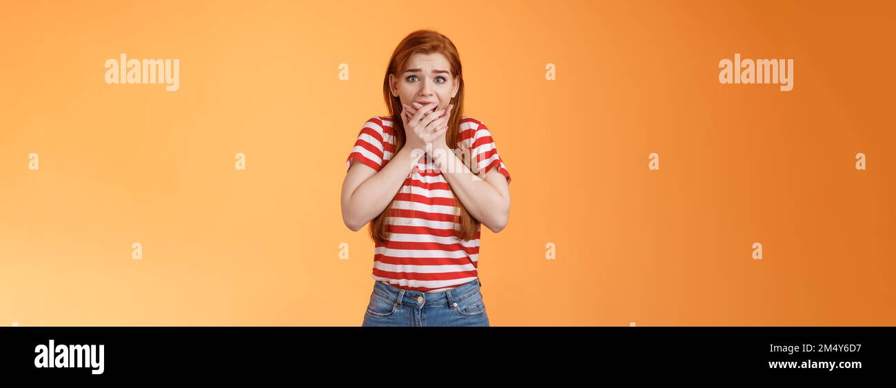 Scared speechless innocent female victim losing speech, press hands ...