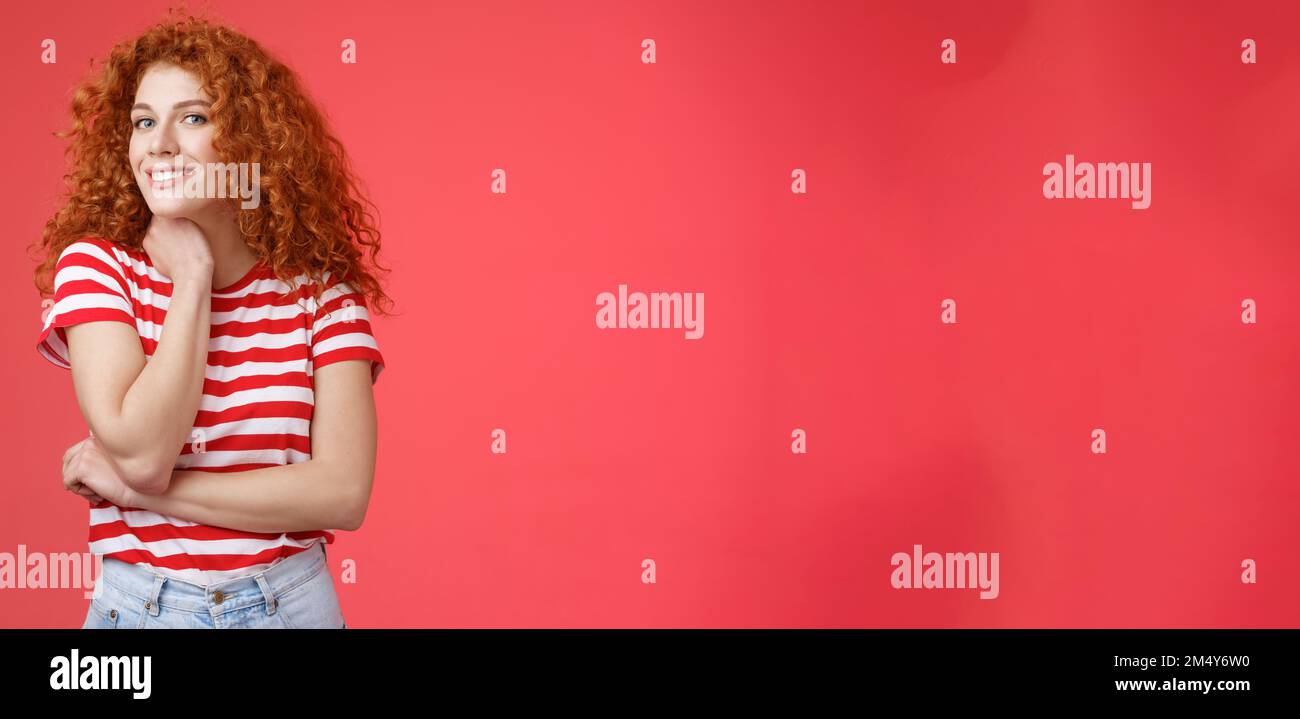 Cheerful lively cute tender redhead curly girl romantic summer mood ...