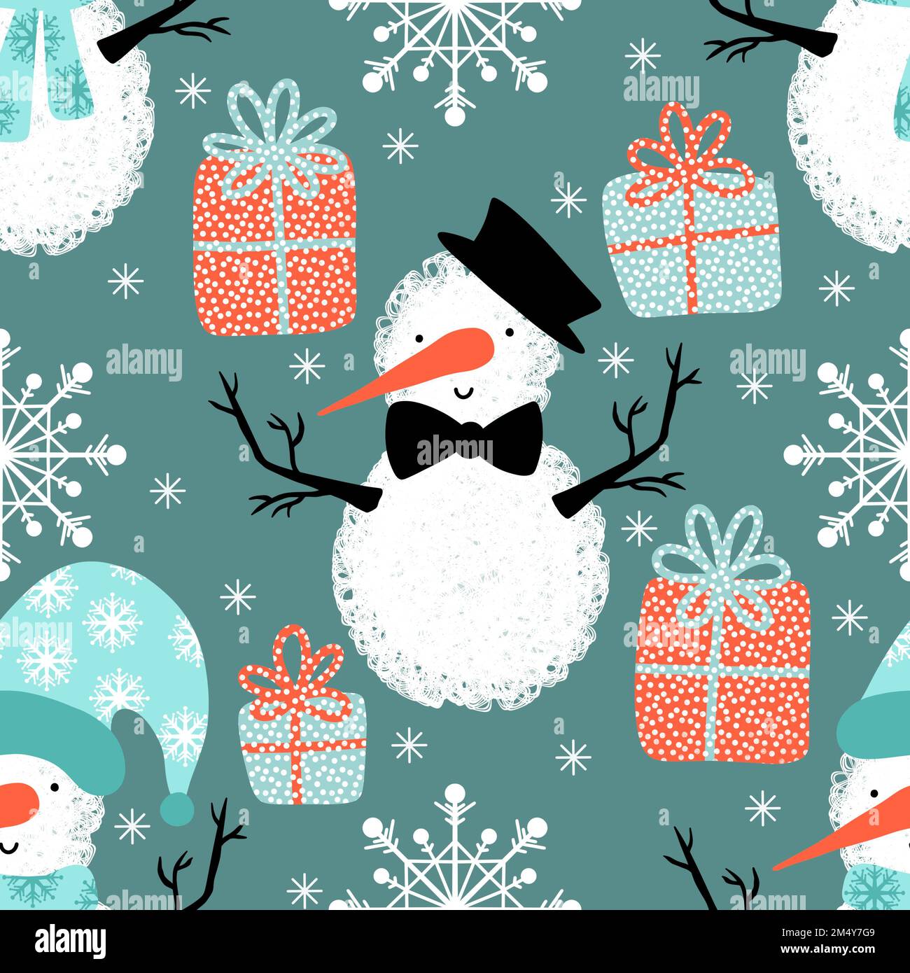 Winter seamless snowman and snowflakes pattern for Christmas wrapping ...