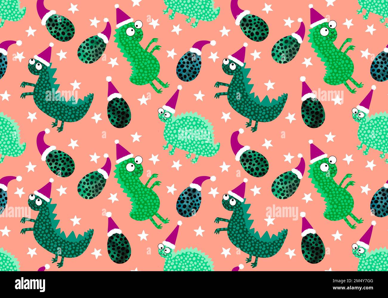 Winter Santa hat seamless animals dinosaur dragon pattern for Christmas ...