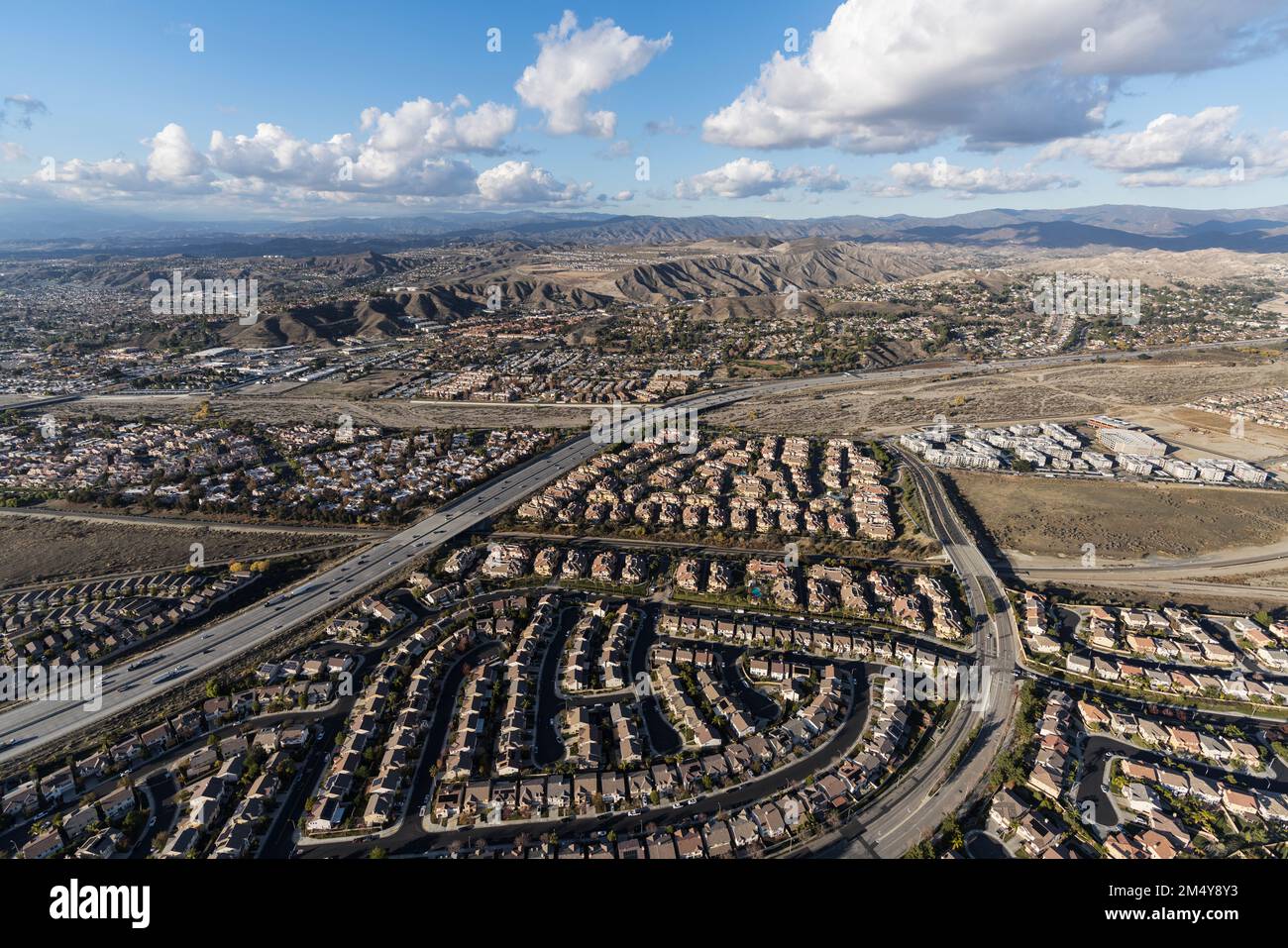 Aerial cityscape view of suburban Santa Clarita Valley neighborhoods ...