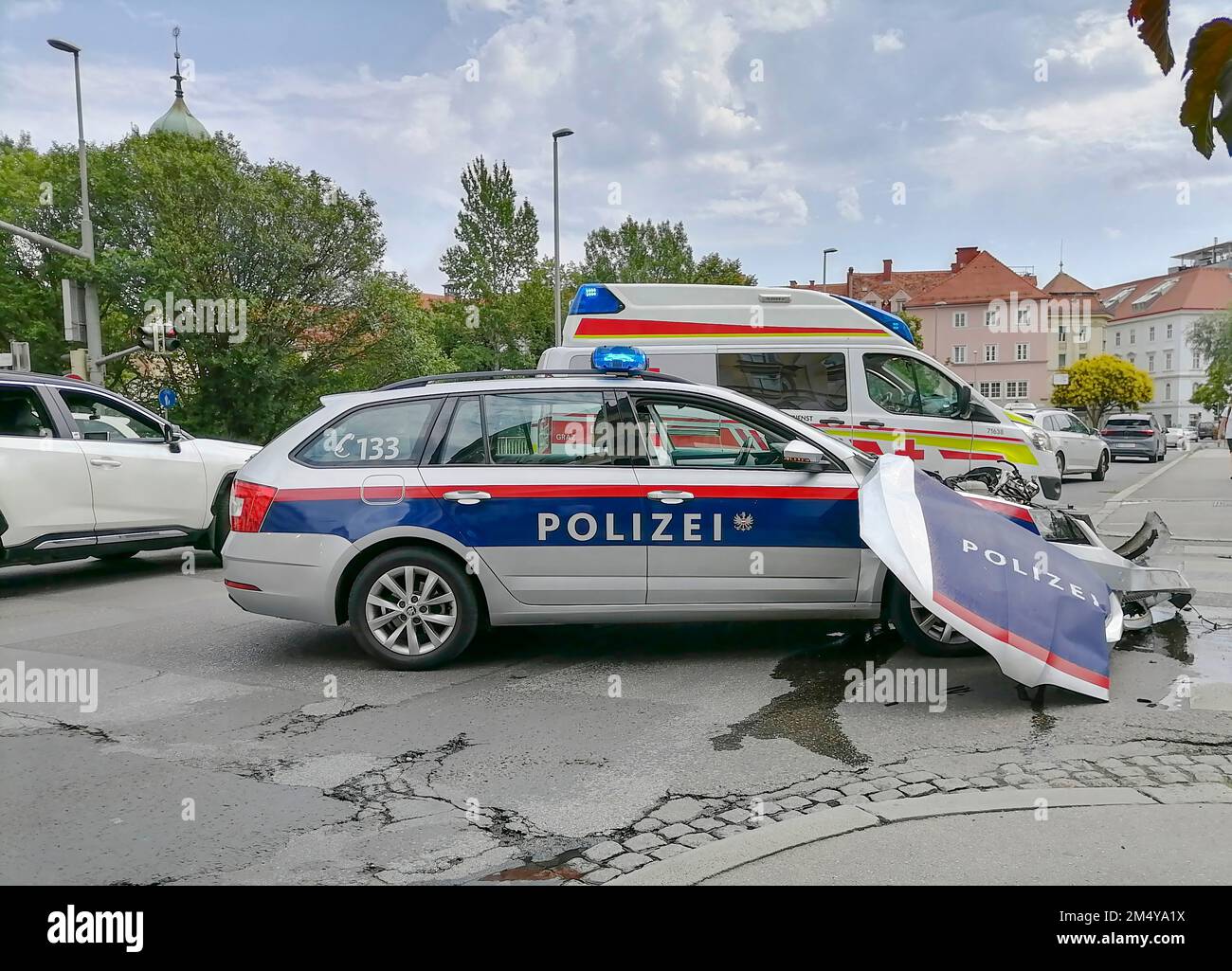 Damaged Austrian federal police vehicle after car accident on the road ...
