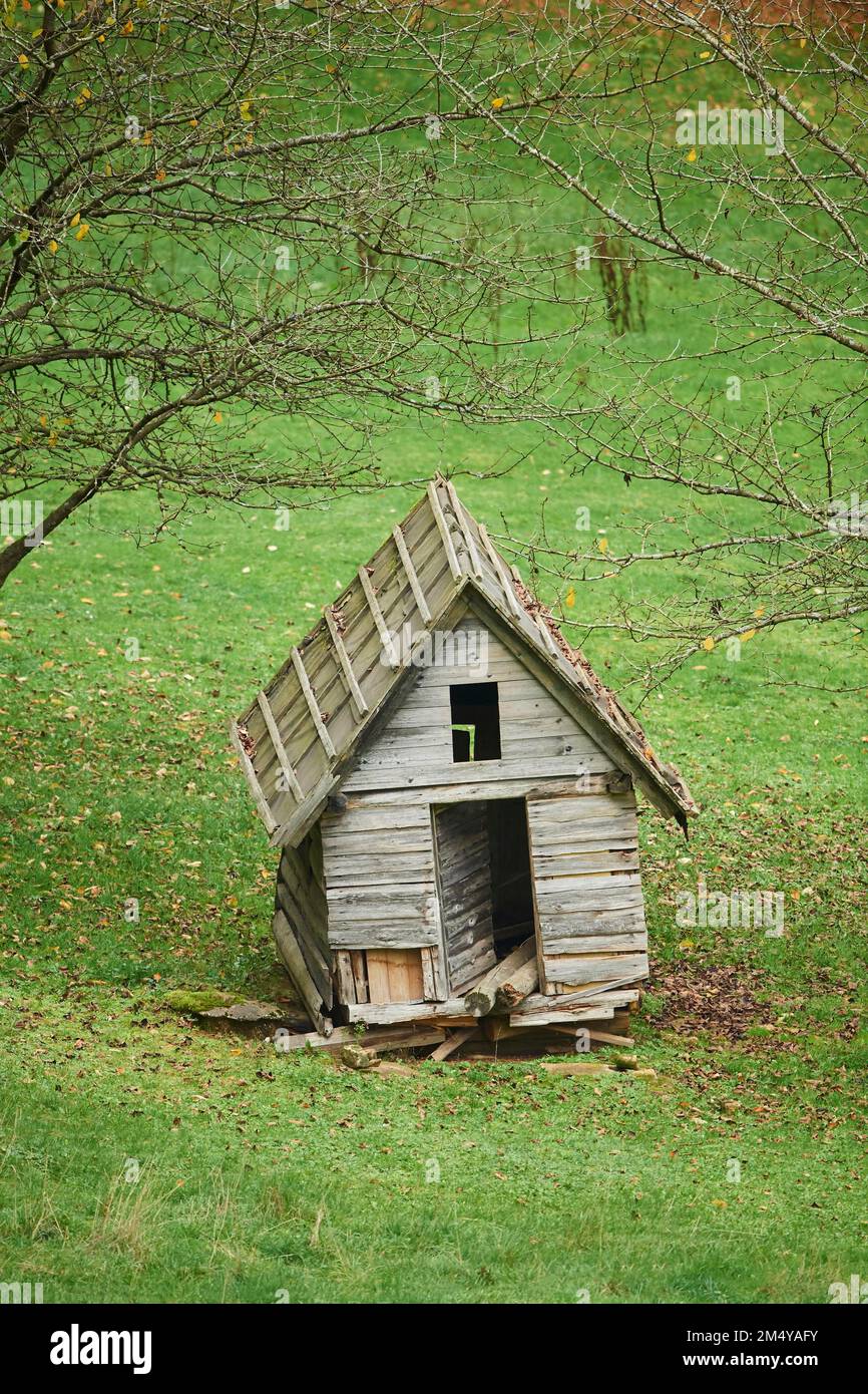 Log Cabin, broken, wood, old, on a meadow, Bavaria, Germany Stock Photo ...