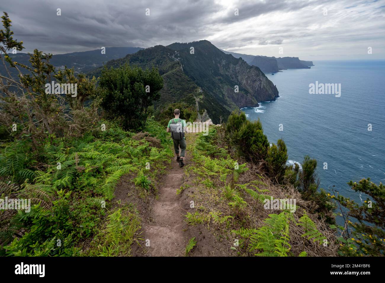 Hiker on hiking trail, view of steep cliffs and mountains overgrown ...