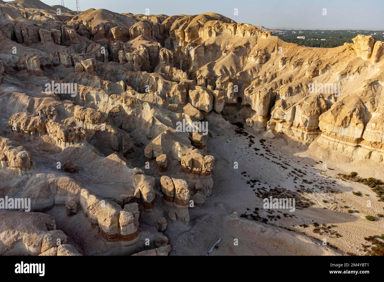 Aerial of the Al Qarah mountain, Unesco site Al Ahsa Oasis, Hofuf ...